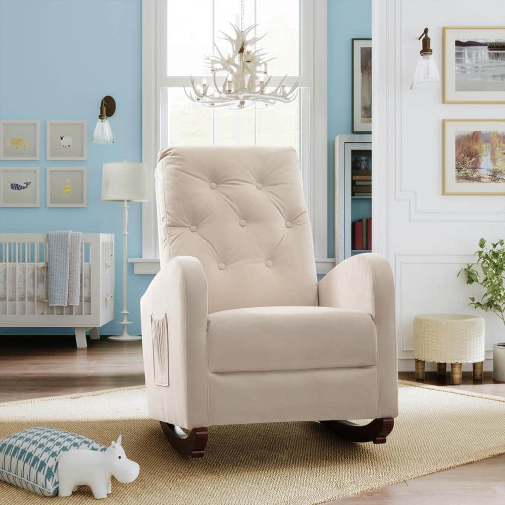 Polibi Beige Modern High Back Comfortable Velvet Rocking Armchair for ...