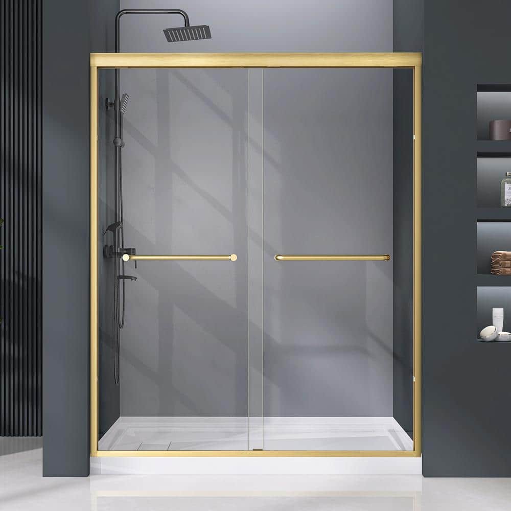Zeafive 56 to 60 in. W x 72 in. H Double Sliding Shower Door in Gold ...