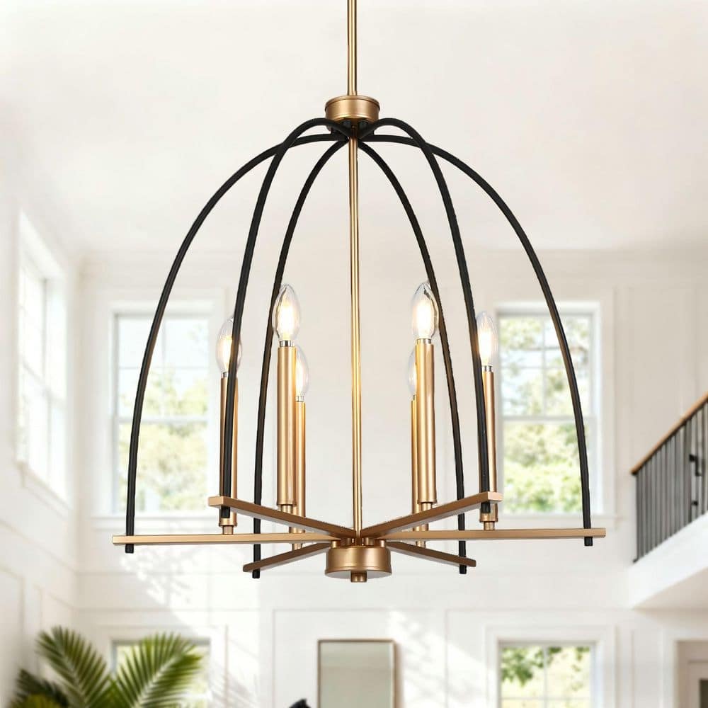 Zevni Modern Farmhouse 23.6 in. 6-Light Black and Gold Caged Chandelier ...