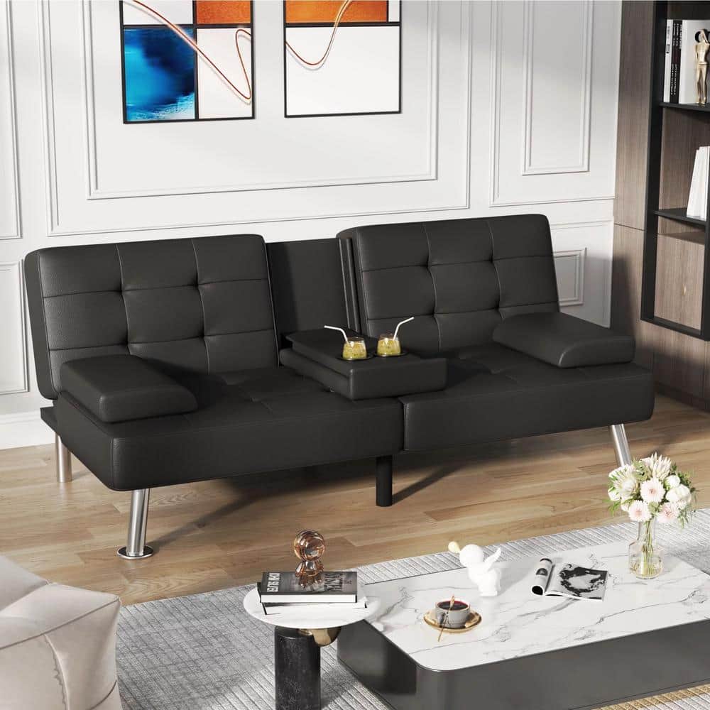 LACOO 65 in. Convertible Folding Futon Sofa Bed, Black Faux Leather ...