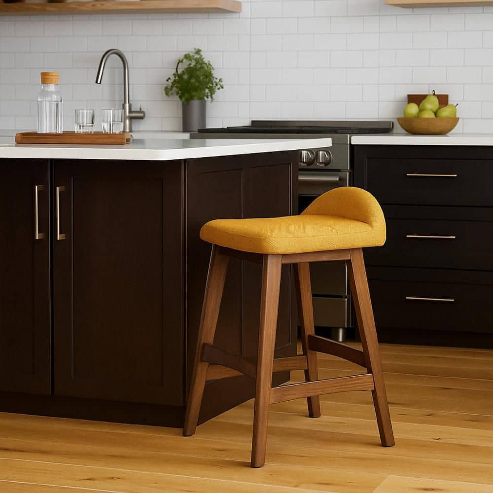 Benjara 28.75 in. H Brown Low Back Wood Bar Stool with Polyester Seat ...