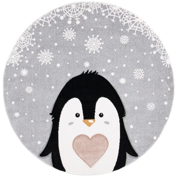 SAFAVIEH Carousel Kids 7 ft. x 7 ft. Light Gray/Black Snowflake Penguin ...