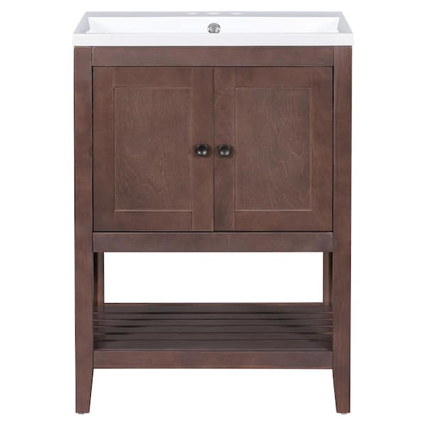 Ziyudura 24 in. Single Sink Freestanding Brown Bath Vanity with White ...