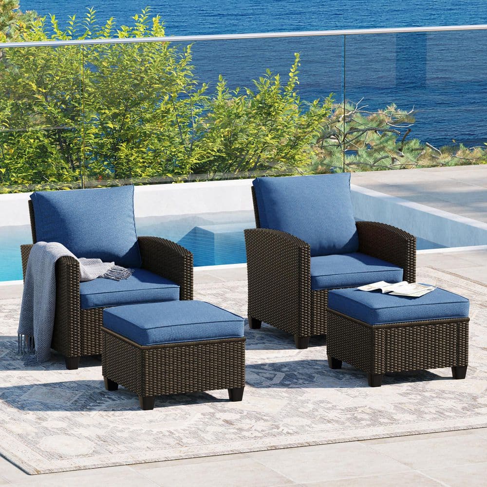 DIFY 4-Piece Wicker Outdoor Patio Conversation Set with Chairs and Ottomans with Blue Cushions ...