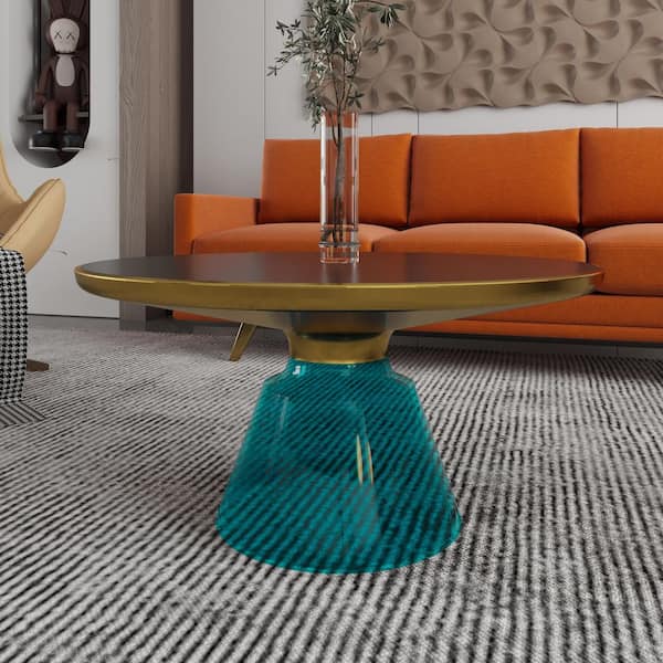 Leisuremod 30 in. Round Coffee Table Glass Tabletop with Gold Iron Rim ...