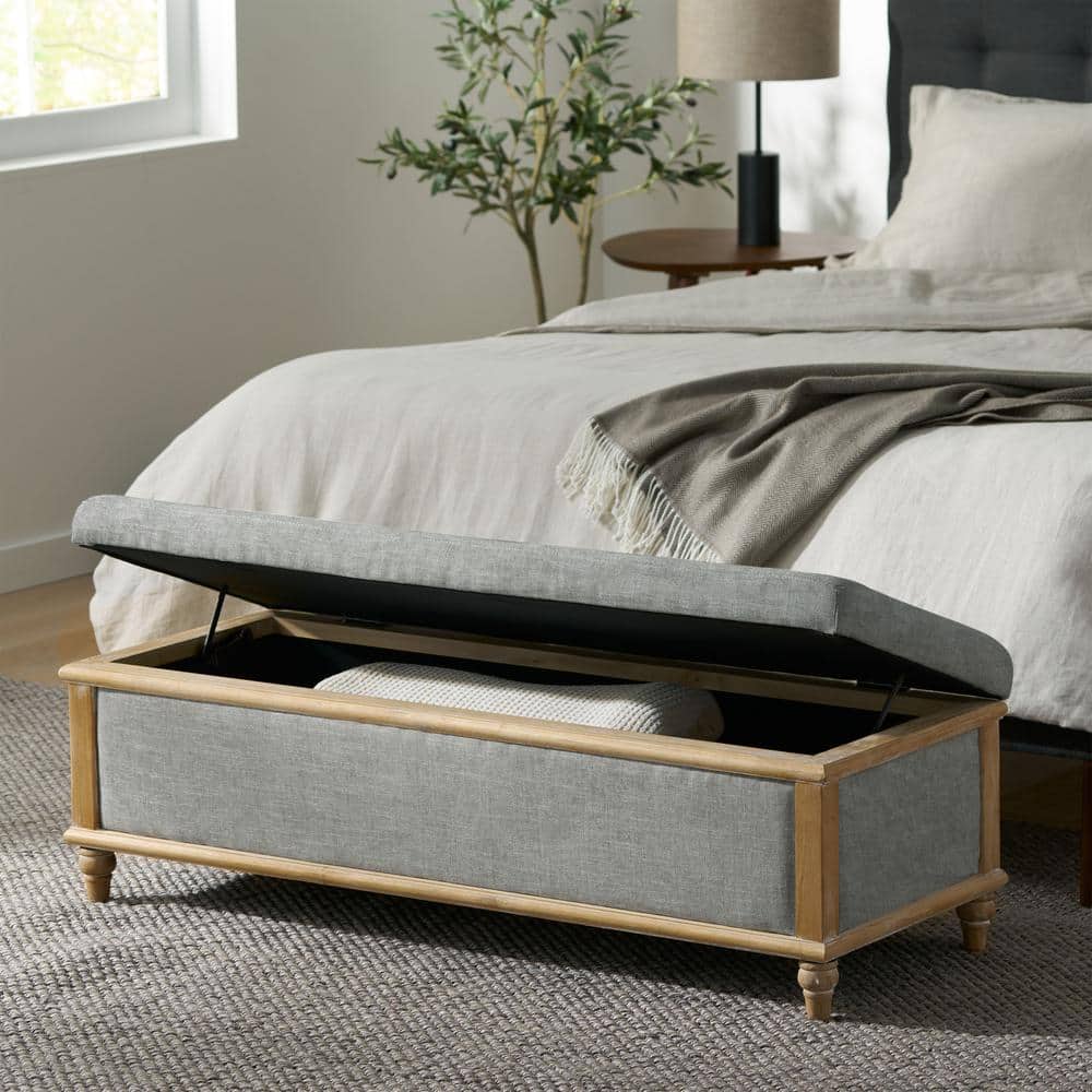 Gray 48.5 in. Polyester Upholstered Bedroom Bench with Storage Solid Birch Legs