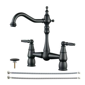 WOWOW Double Handle Bridge Faucet with Kitchen Sink Hole Cover in Matte ...