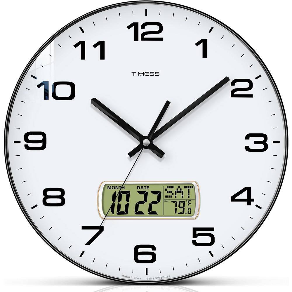 Afoxsos 12 in. Black Analog Non-Ticking Battery Operated with LCD ...