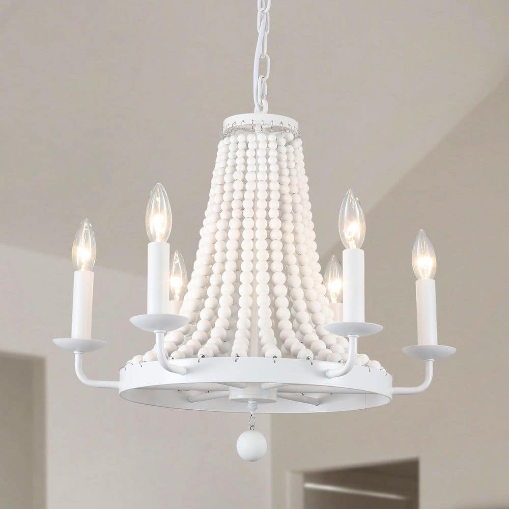 ADSENSTY 20 in. 6-Light White Candle Wagon Wheel Chandelier with Wooden ...