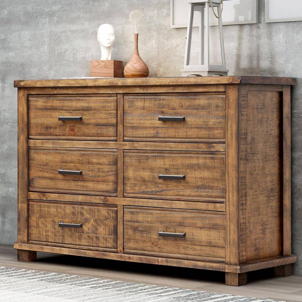 GOSALMON 6 Drawer Natural Chest of Drawers 36.6 in. H x 55.9 in. W x 18 ...