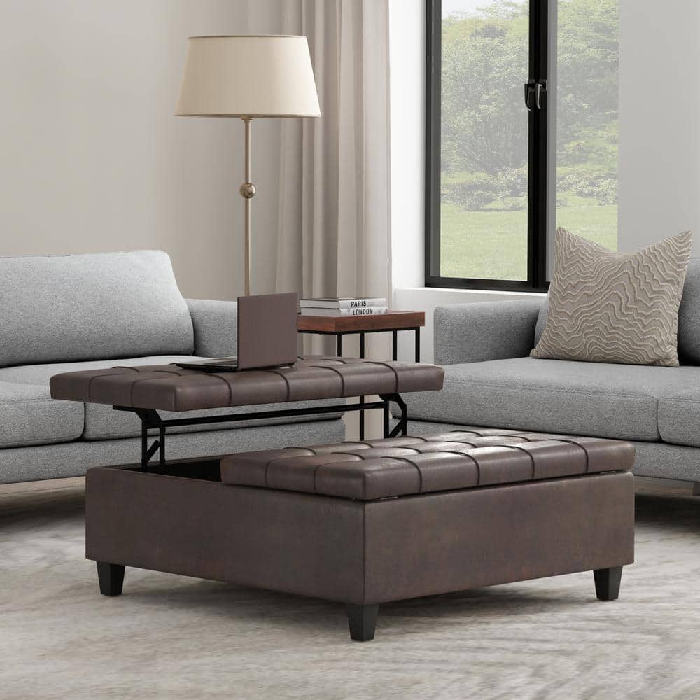 Simpli Home Harrison Large Square Coffee Table Storage Ottoman Distressed Brown