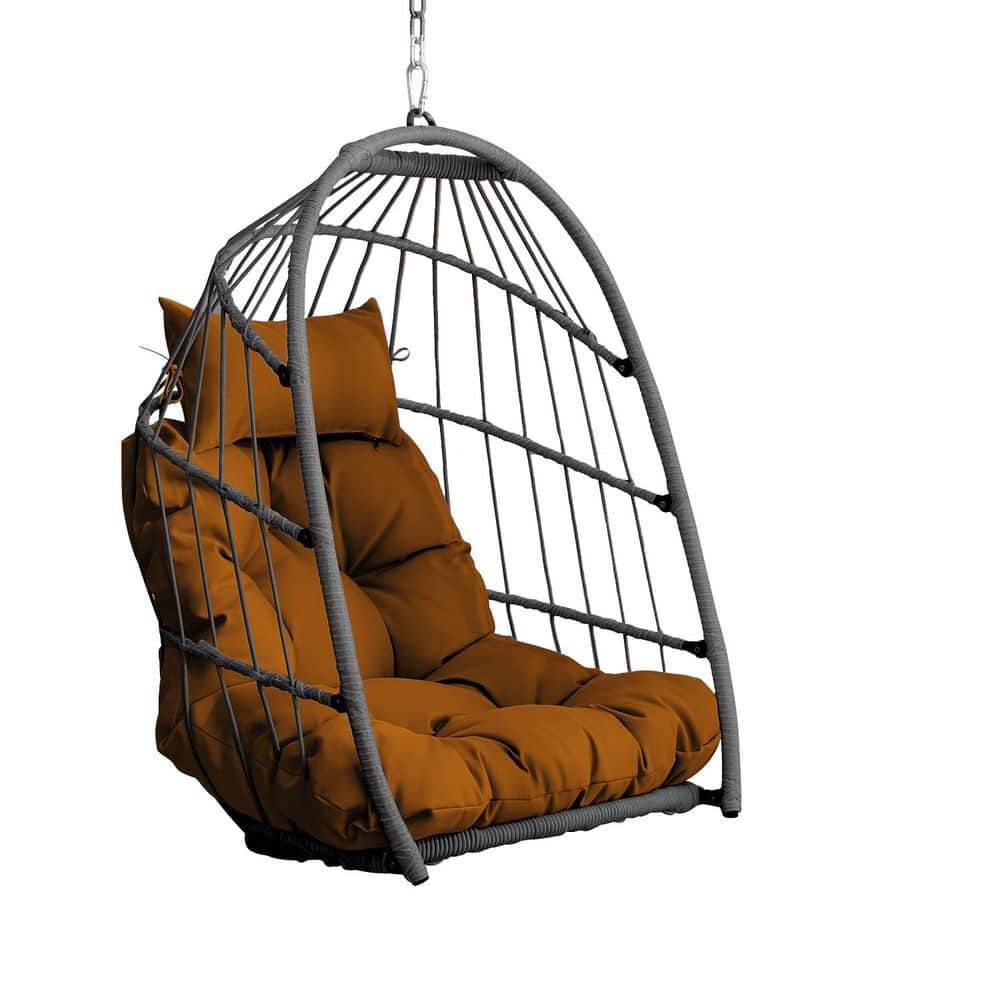Wicker Egg-Shaped Porch Swing, Hanging Swing Chair with Brown Cushion ...