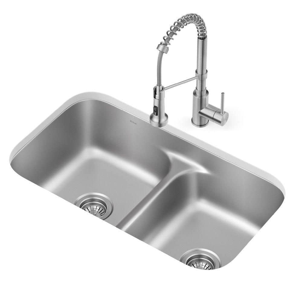 KRAUS Premier 32 in. Undermount Double Bowl 18 Gauge Stainless Steel ...