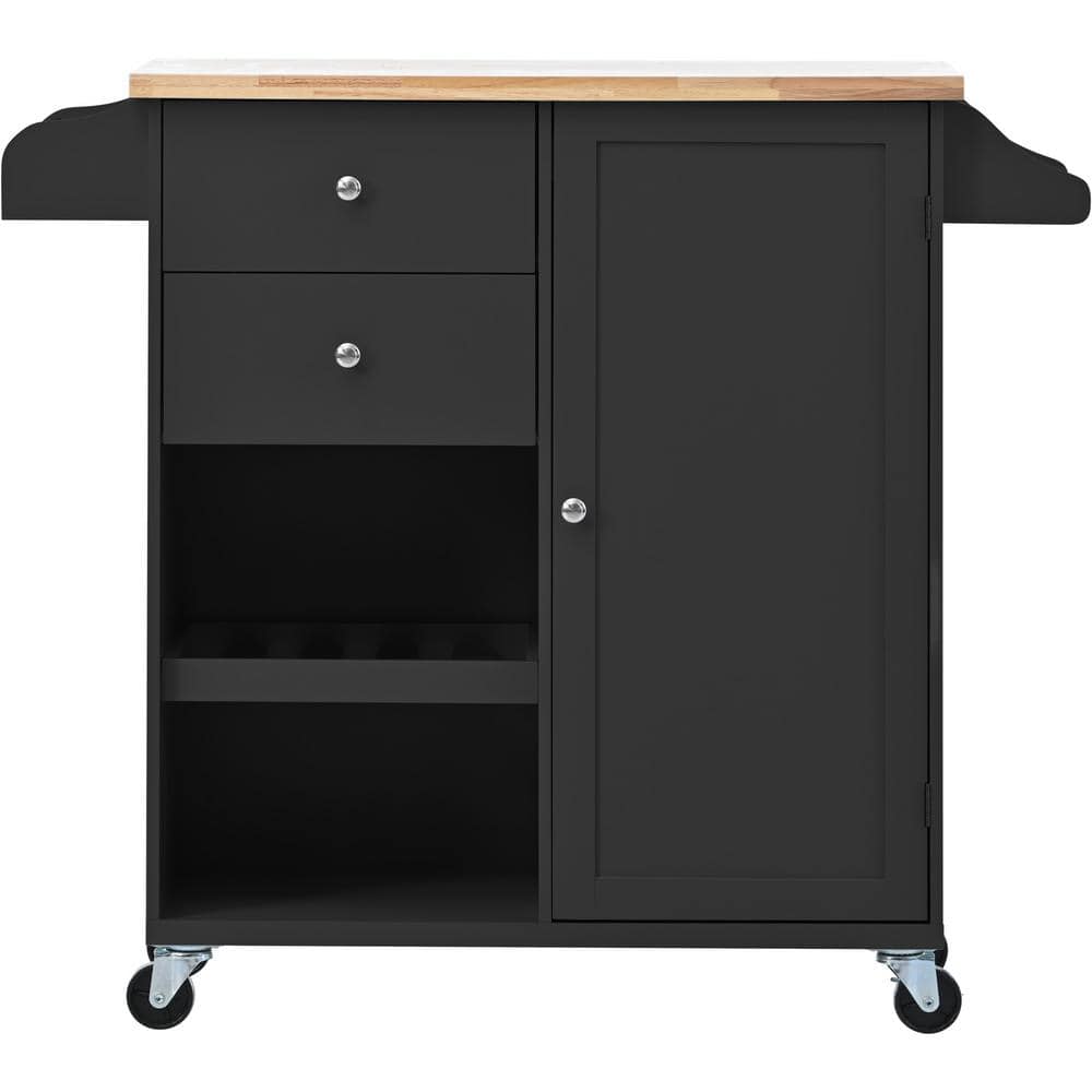 Harper & Bright Designs Black Kitchen Cart with Rubber Wood Top, Wine ...