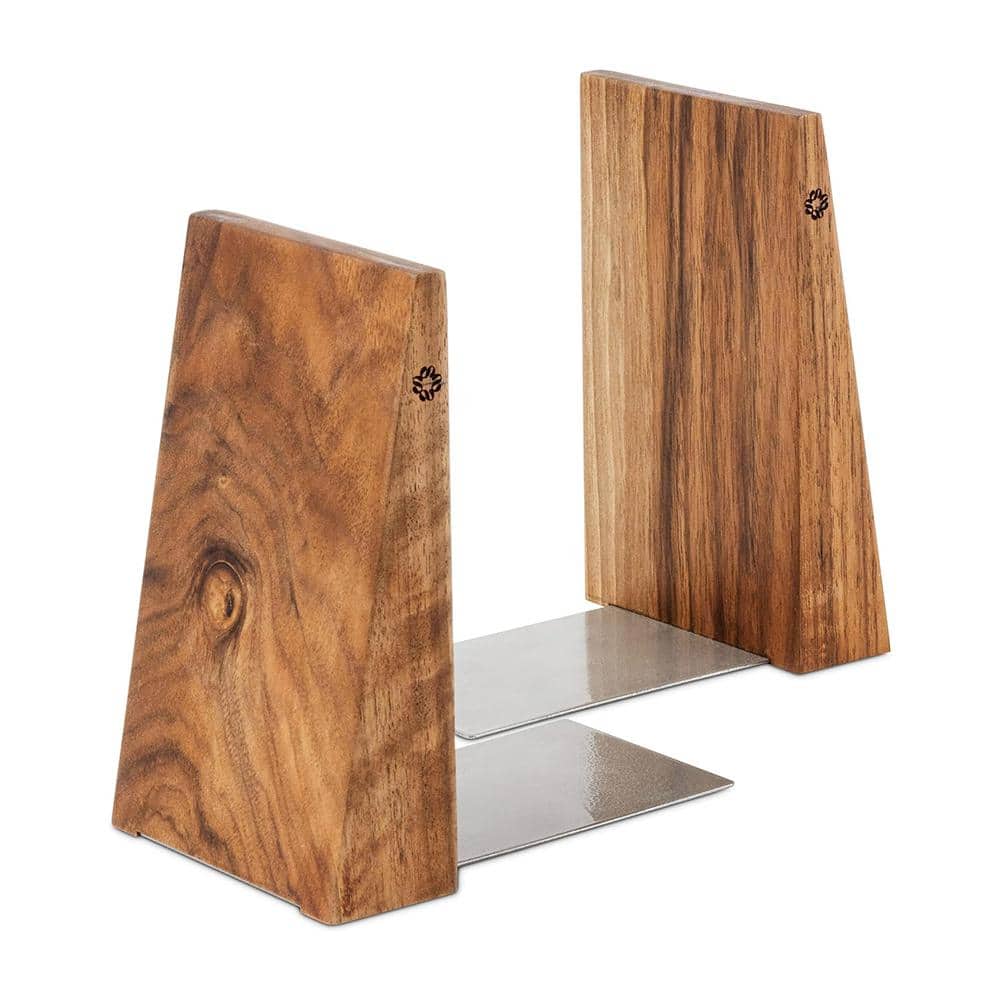 Afoxsos 2-Piece Walnut Handmade Wooden Bookend with Metal Base, Durable ...
