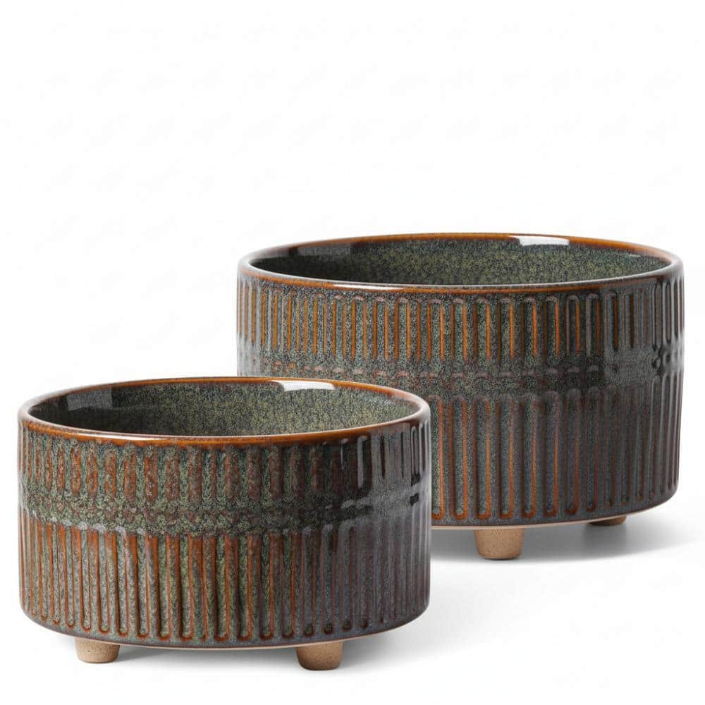 6.5 + 8 in. Ceramic Pots for Plants Indoor, Shallow Round Planter Set ...