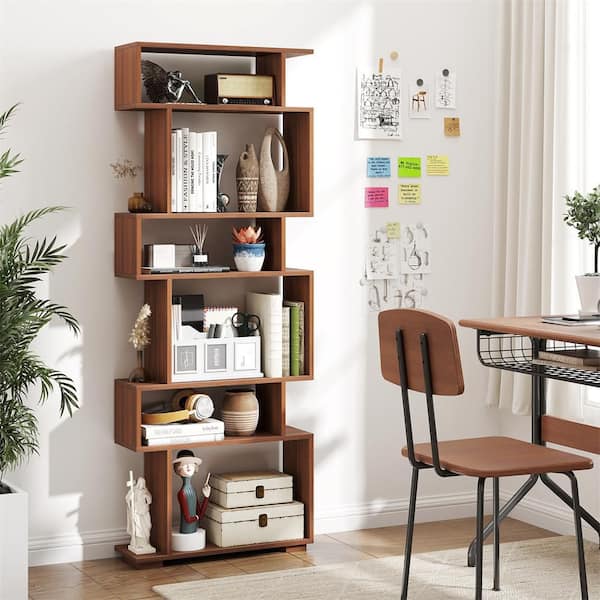 HONEY JOY 6-tier S-shaped Bookshelf 64 in. Tall Walnut Home Wood Open ...