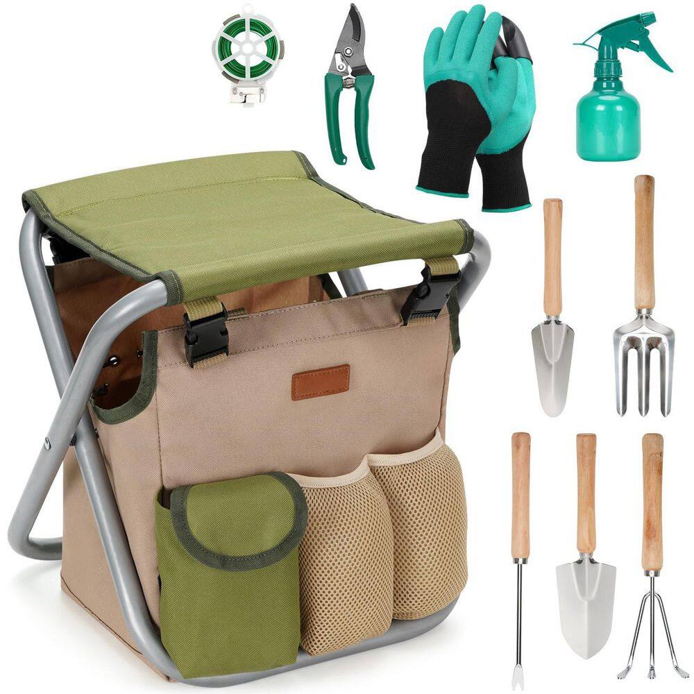 10-Piece Garden Tool Set with Storage Tote Bag and Foldable Seat, Heavy ...