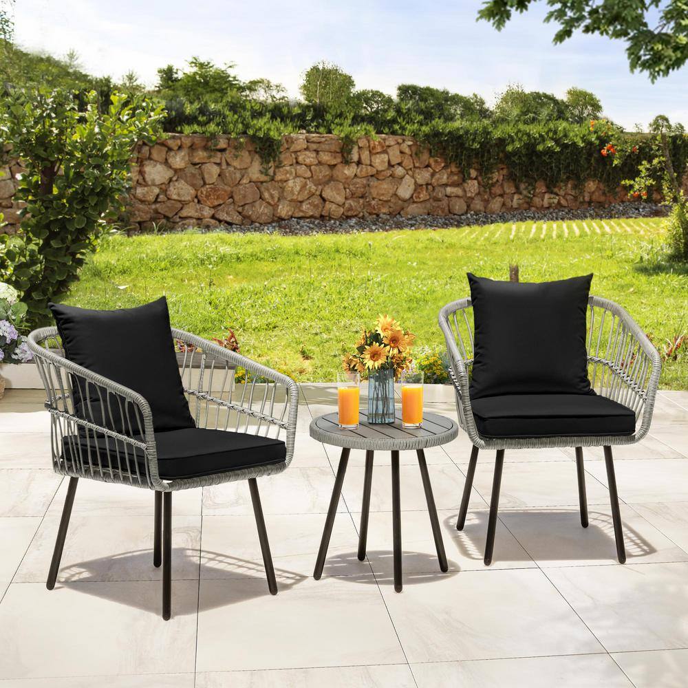 DEXTRUS 3-Piece Gray Wicker Outdoor Bistro Set with Black Cushion ...