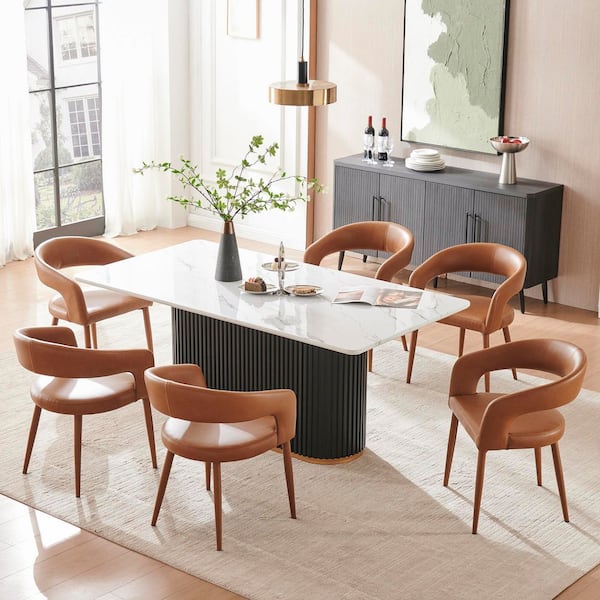 Morden Fort 7-Piece Wood Rectangle Dining Table with Caramel Brown Faux ...