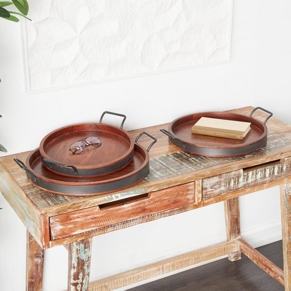 Litton Lane Brown Wood Nesting Decorative Tray with Black Metal Handles ...