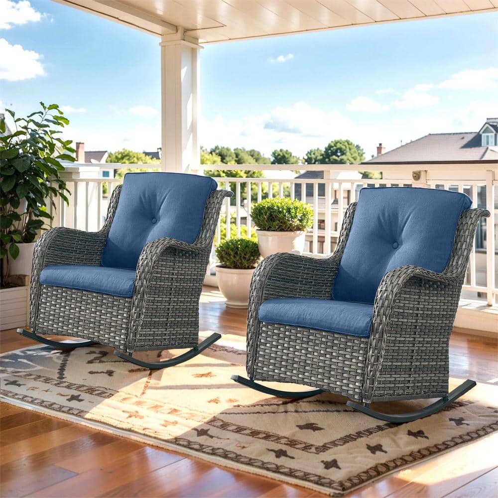 Gymojoy Carolina Gray Wicker Outdoor Rocking Chair with Blue Cushions ...