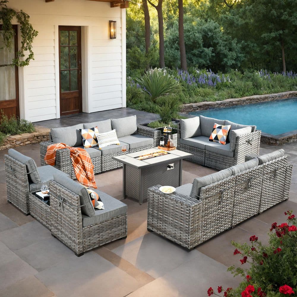 XIZZI Beatrice 13-Piece Wicker Patio Rectangle Fire Pit Conversation ...