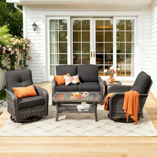 OVIOS Meis Gray 5-Piece Wicker Patio Conversation Set with Black ...