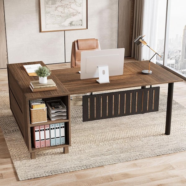 BYBLIGHT Lanita 63 in. Rectangular Brown Wood Executive Desk with ...