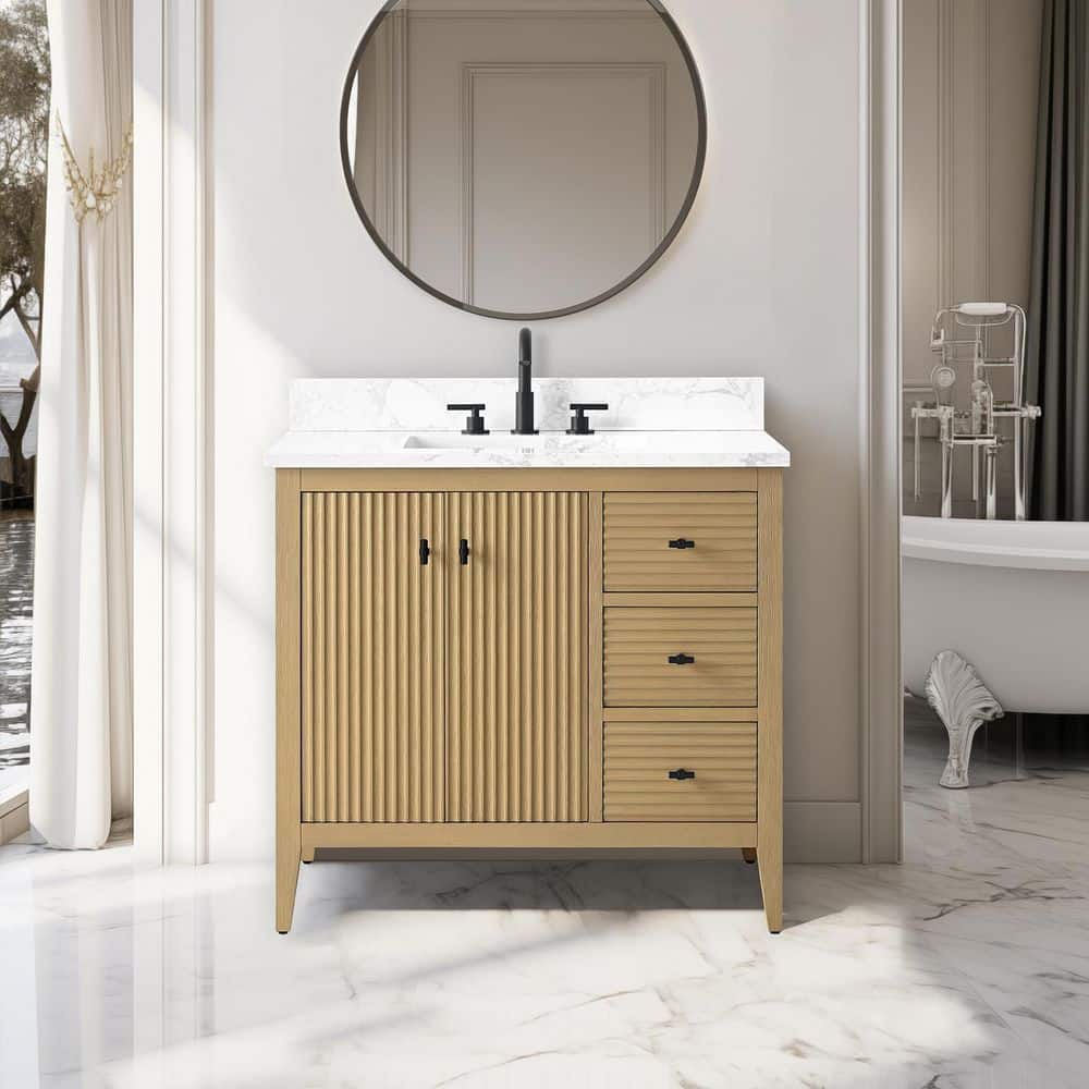 Vanity Art 36 in. W x 22 in. D x 38 in. H Single Sink Bathroom Vanity Cabinet in Linear Natural ...