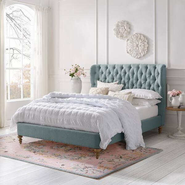 Rustic Manor Kashton Sea Blue Bed Button Tufted Headboard Linen Twin SBD253 03BLT HD