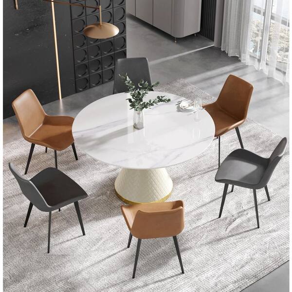 53.15 in. White Sintered Stone Round Top Pedestal White Metal Base Dining Table Seats 6