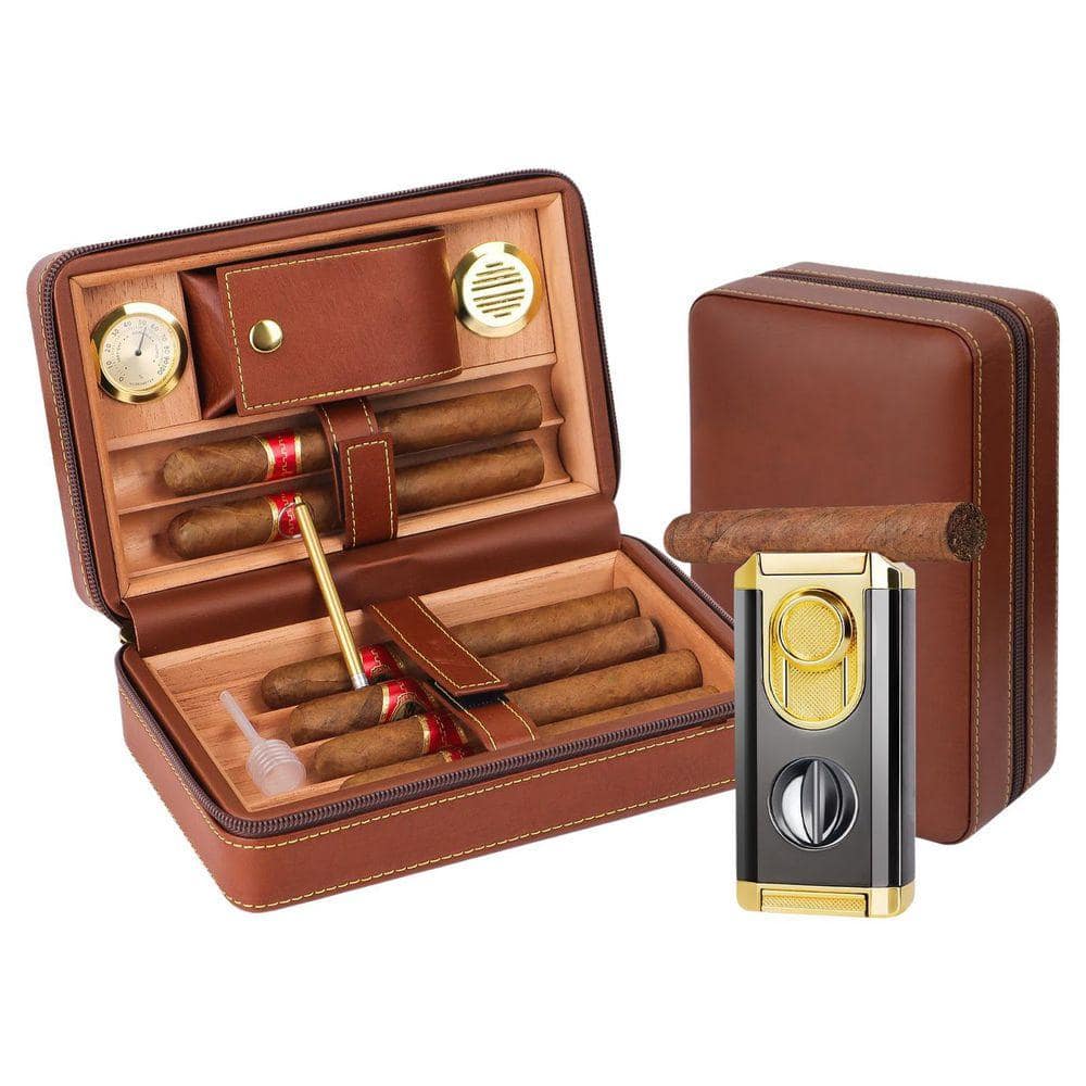 8.34 in. W x 3.47 in. H Brown PU Leather Spanish Cedar Wood Travel ...