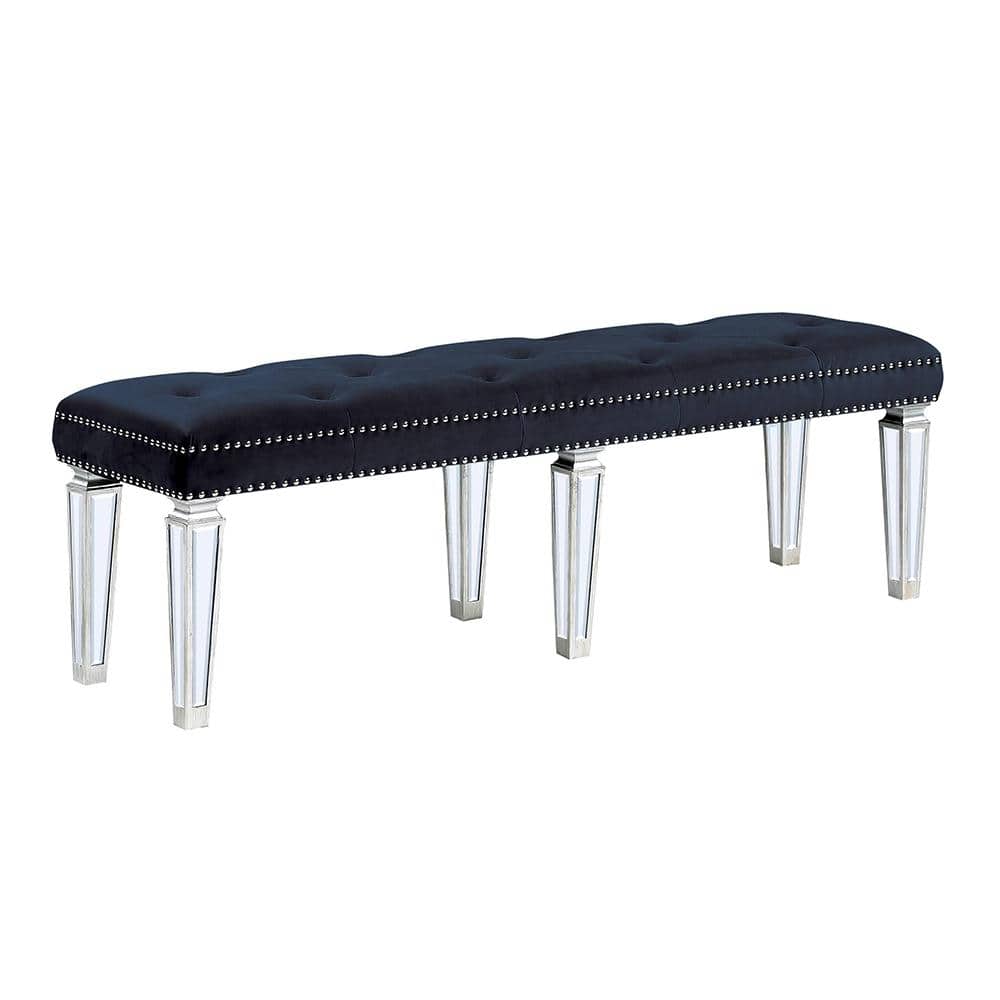 Acme Furniture Varian Black Velvet and Mirrored Bench with Upholstered ...