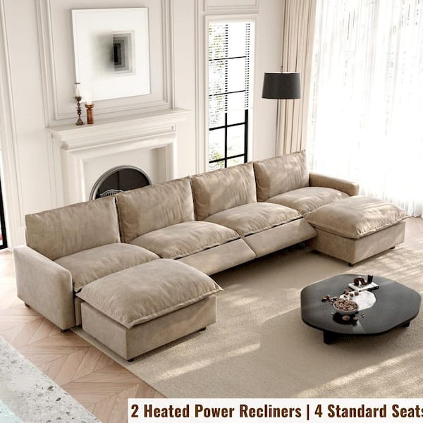 Magic Home 149 in. Modular Recline Sectional Sofa, Square Arm Linen 6 ...