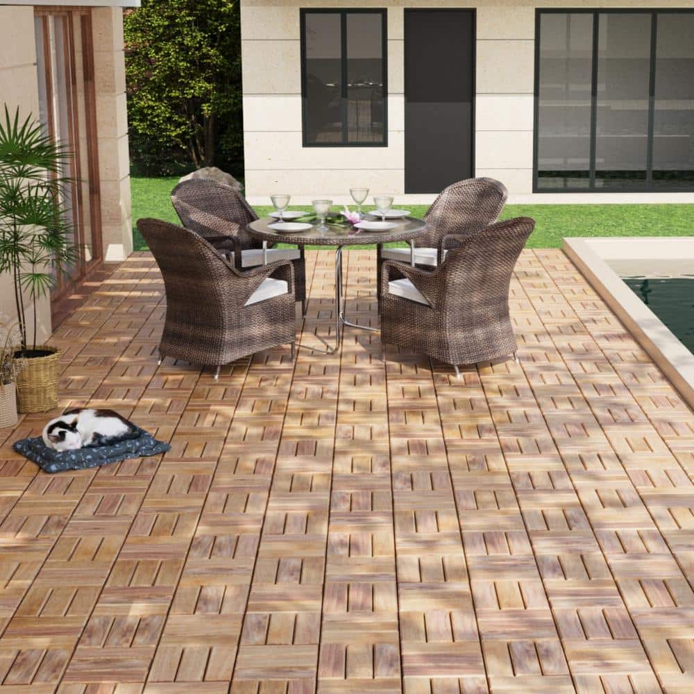 GOGEXX 12 in. x 12 in. Square Acacia Wood Interlocking Flooring Deck Tiles Checker Pattern For ...