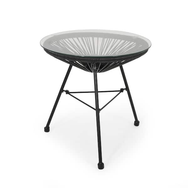 18 in. H Outdoor Black Round Metal Side Table, Tempered Glass Top for ...