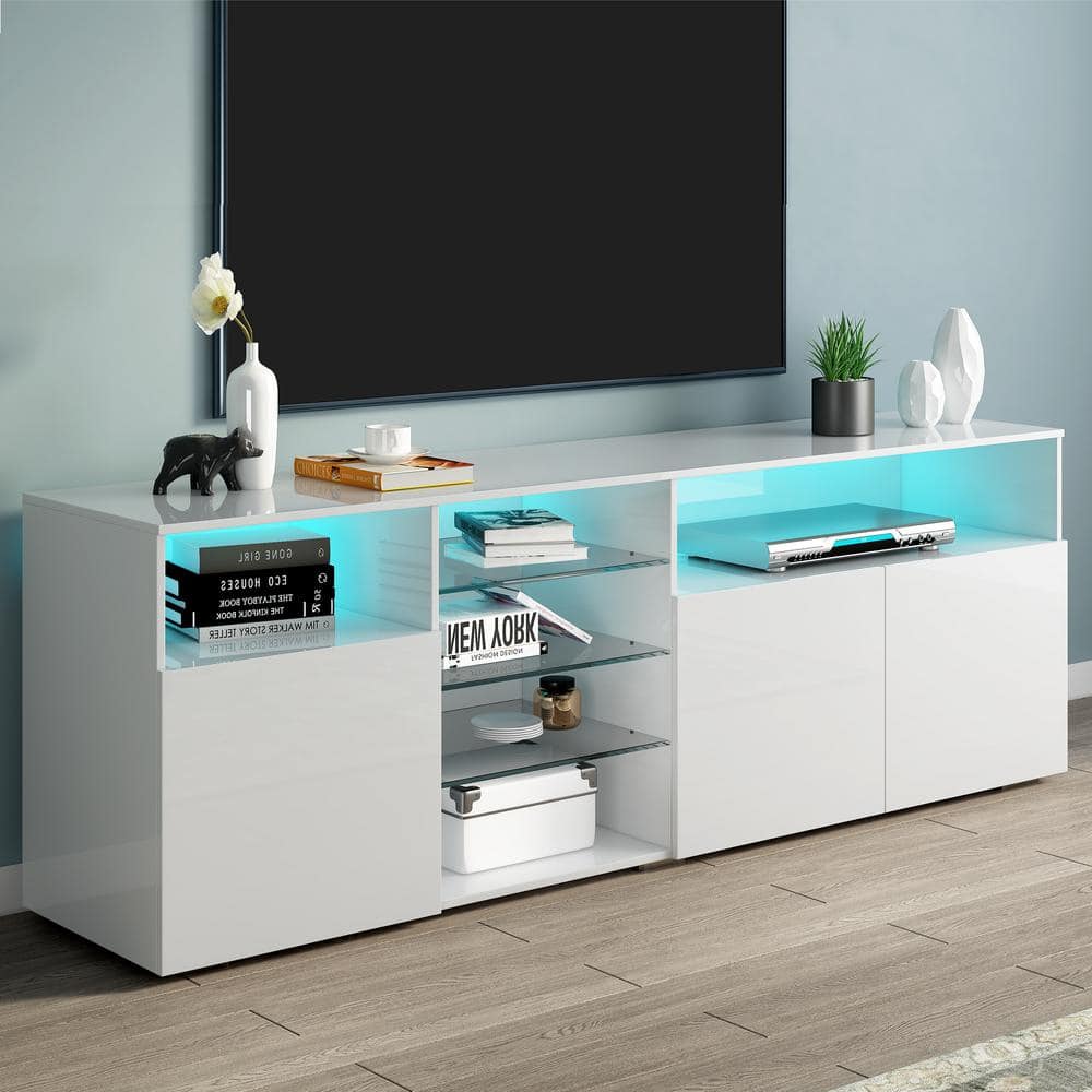 GODEER 63.00 in. White TV Stand with Color Changing LED Lights Fits TV ...