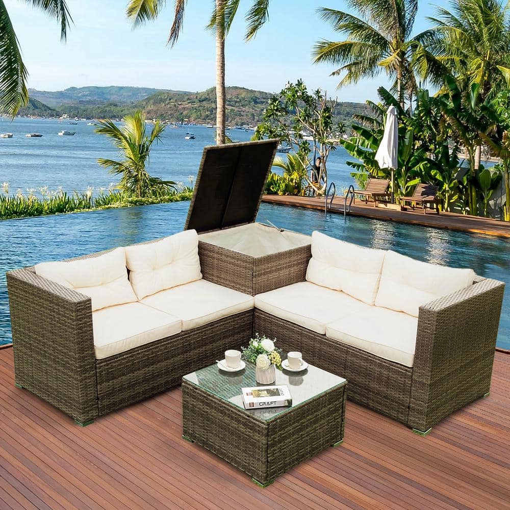 Runesay 4-Piece Wicker Rattan Outdoor Sectional Set with Beige Cushions ...