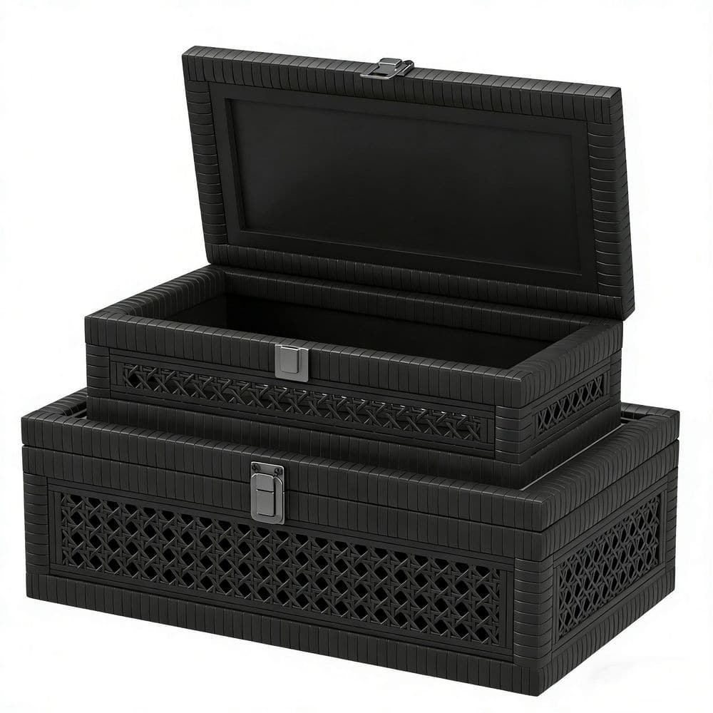 Black Boho Rattan Decorative Storage Boxes with Lids Set of 2 , 12 in ...