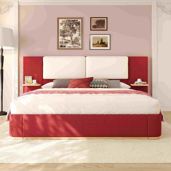 Polibi Red Upholstered Frame Queen Platform Bed with Anti-Collision ...