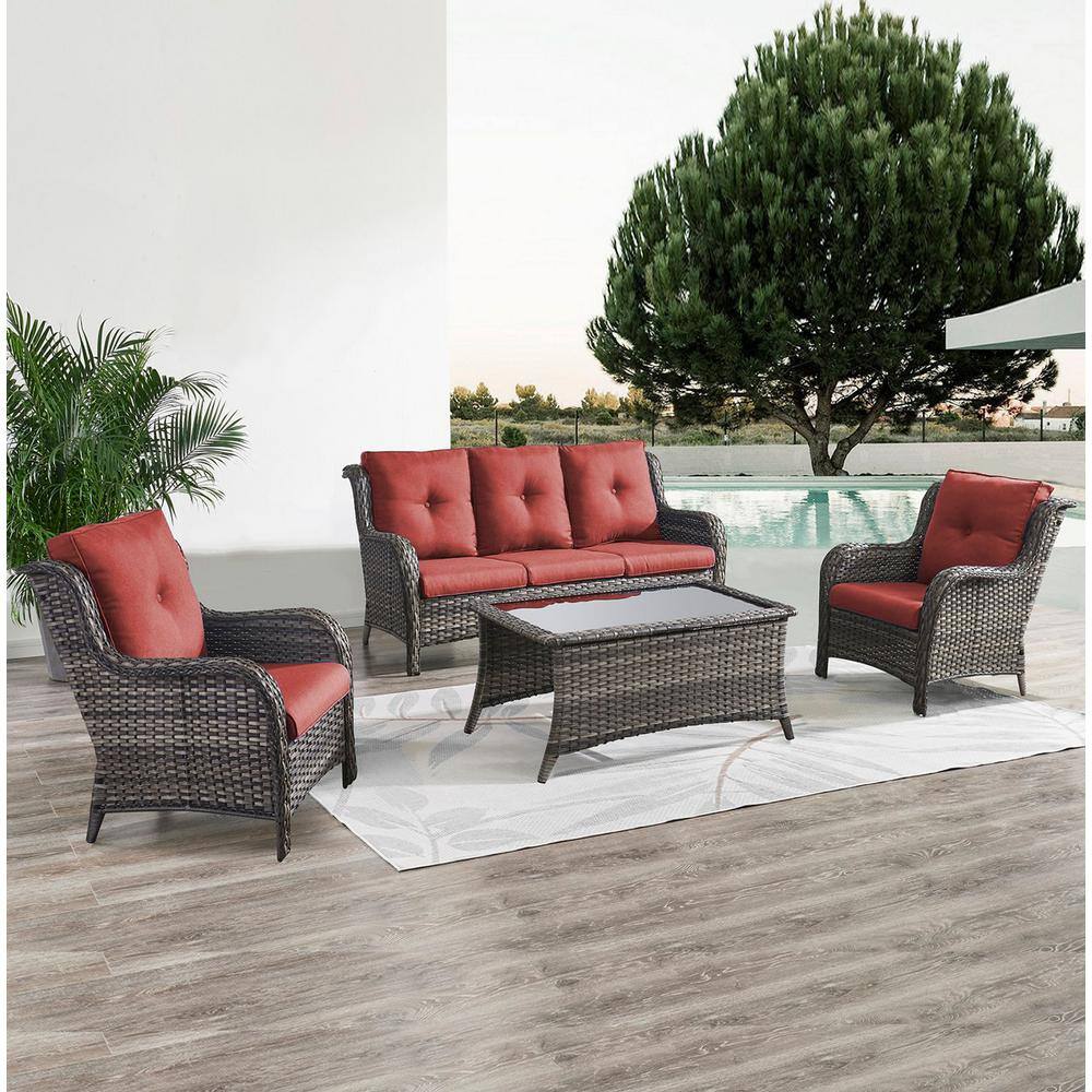 Gymojoy Carolina Gray Wicker Patio Conversation Set with Red Cushions ...