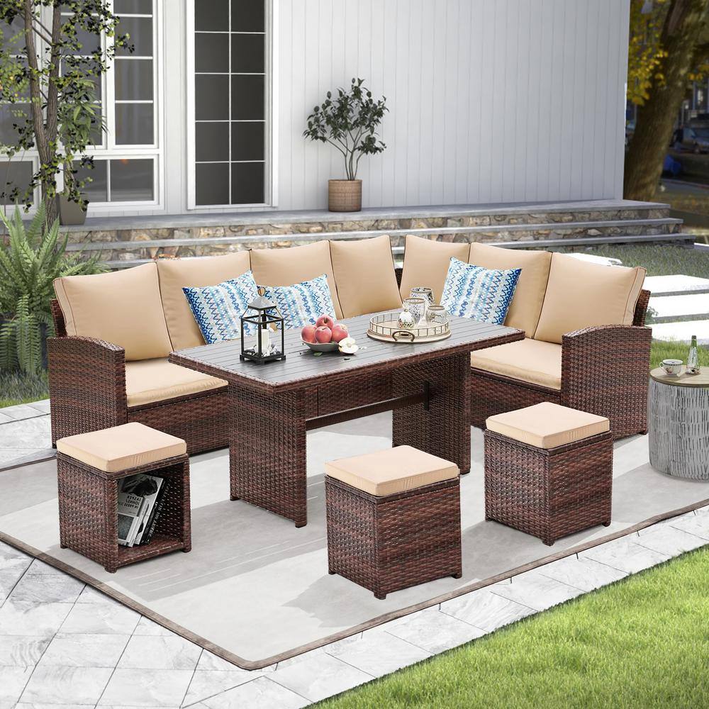 UPHA 7-Piece Wicker Patio Conversation Sectional Seating Set with Beige ...