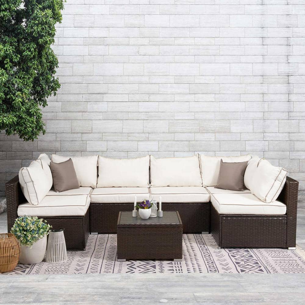 LAUREL CANYON Brown 7-Piece Wicker Sectional Seating Set with Beige ...