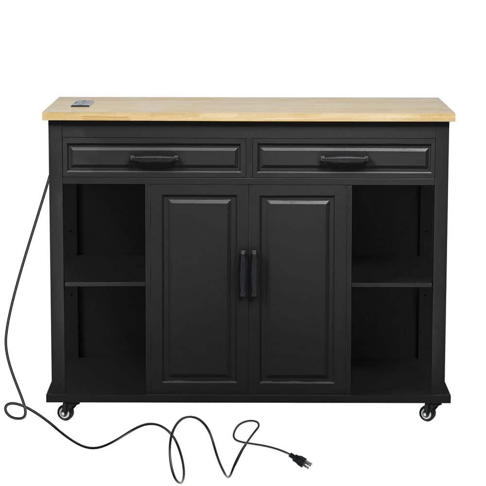 Coastal 47 in. Rubber Wood Black Kitchen Cart with Cabinets and ...