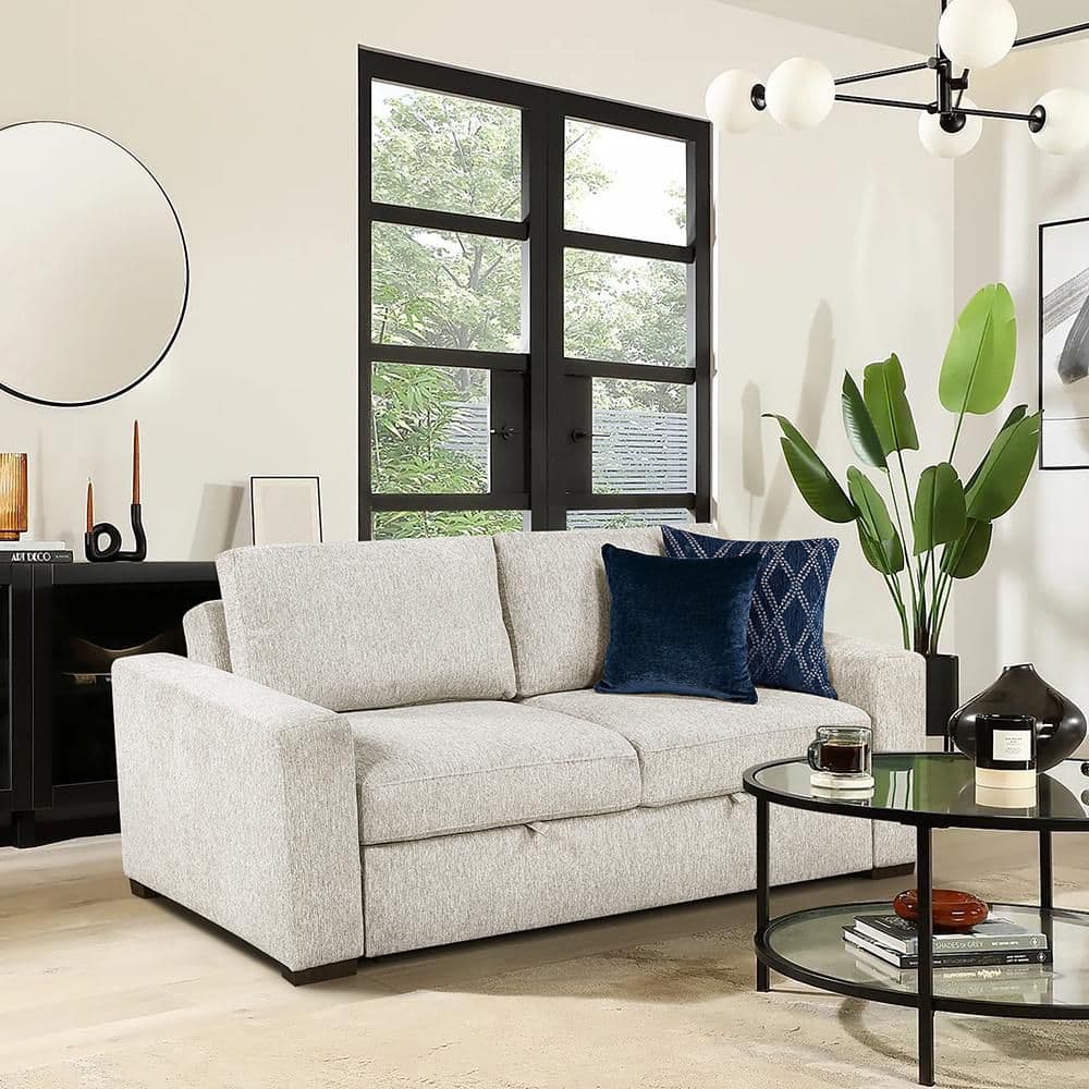 Lazzara Deleon 78 in. W Beige Microfiber Upholstery 2-Seater Love Seat w/ Pull-Out Bed & Click ...