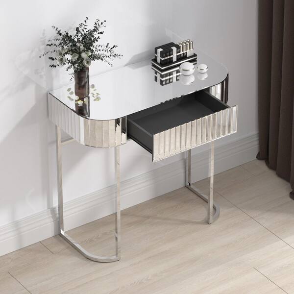 Unbranded Silver Bench Mirrored Vanity Table Mirrored Dressing Table 32.3 in. x 31.5 in. x 15.8 in. M921 MIRRTAB SI