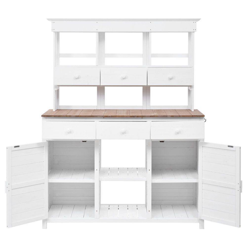 Zeus & Ruta 65.7 in. White Fir Wood Garden Potting Bench Table with 3 ...