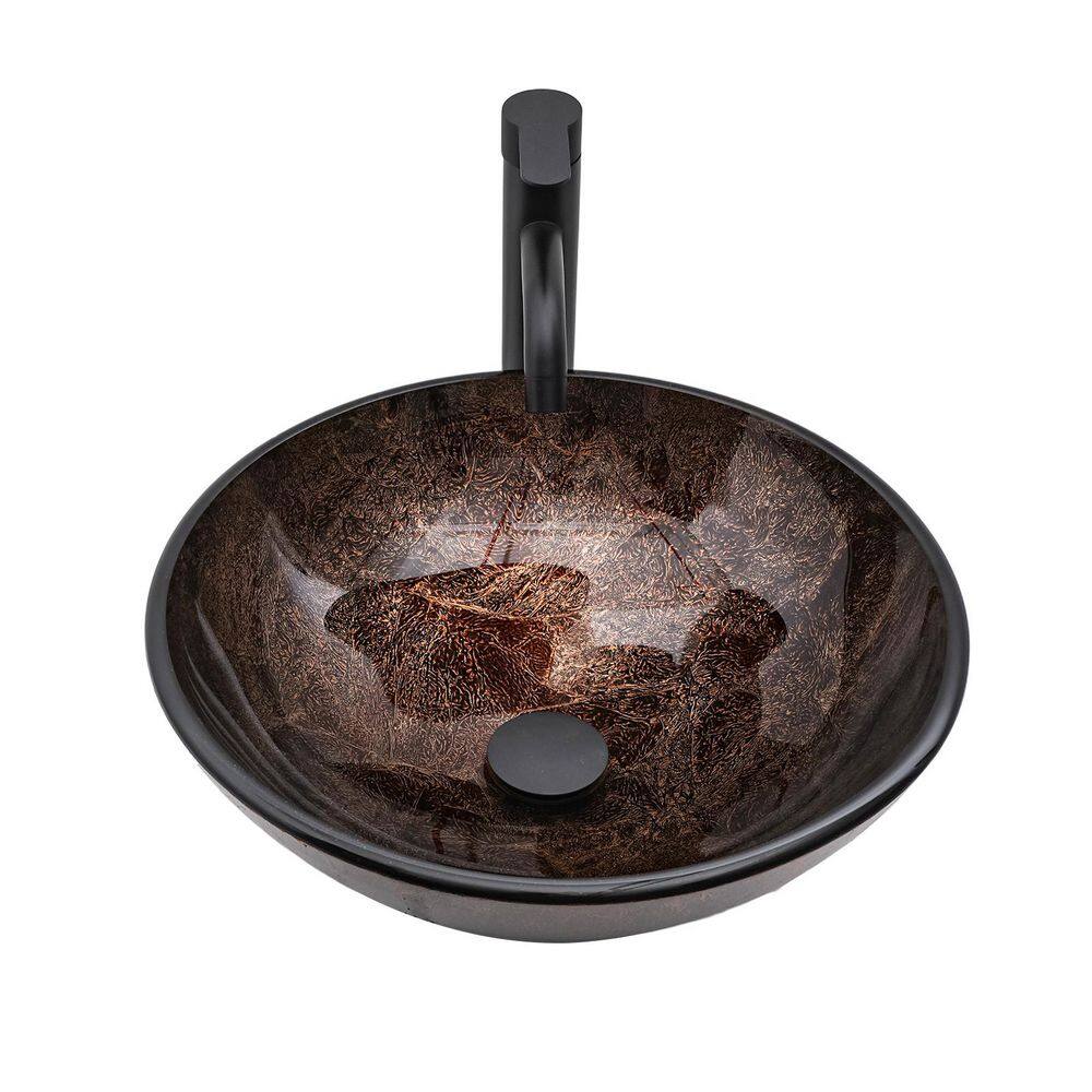 Qidian 16 in. Brown Oval Tempered Glass Vessel Bathroom Sink with ...