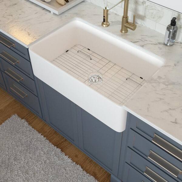 Hanikes White Fireclay 30 in. x 20 in. Farmhouse Apron Front Single ...